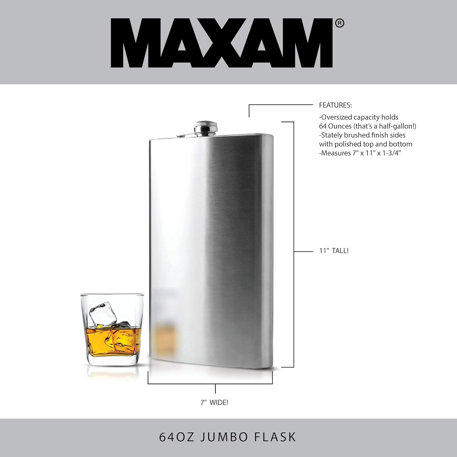 Maxam Jumbo Stainless Steel Flask KTFLASK64 64 Ounce Capacity ...