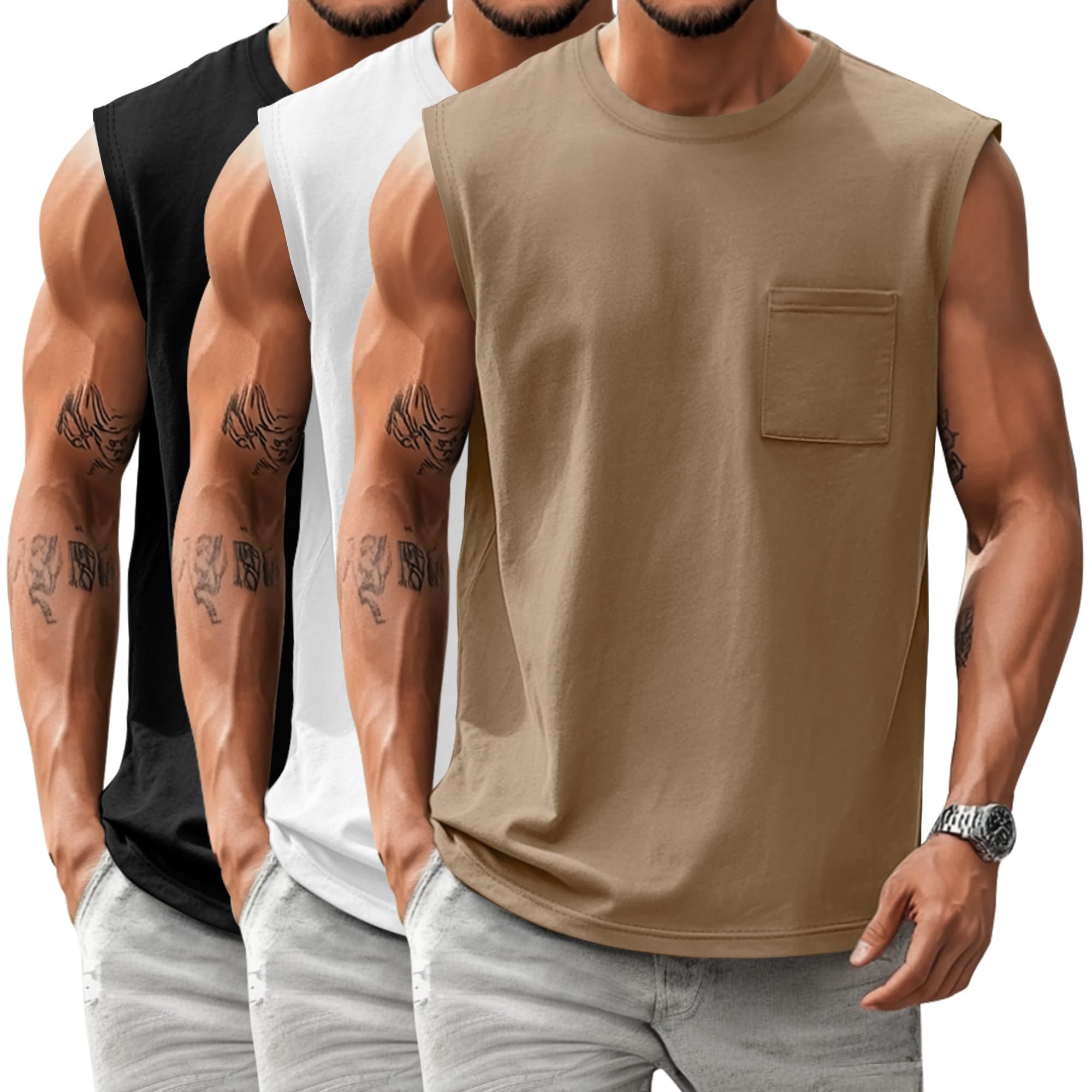Huukeay 3 Pack Cotton Men's Big and Tall Sleeveless Tank Tops Muscle ...