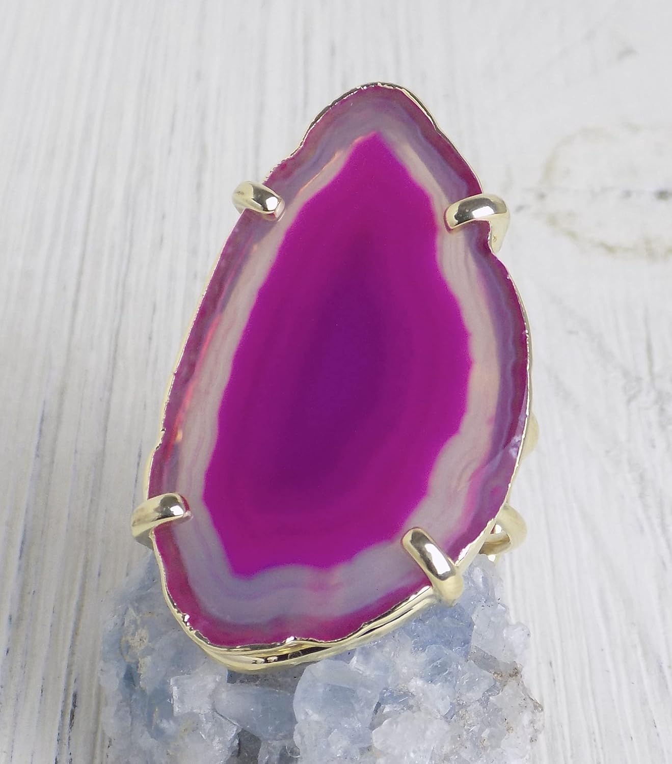 Amazon.com: Agate Ring Pink Agate Slice Sliced Agate Geode Crystal Ring ...