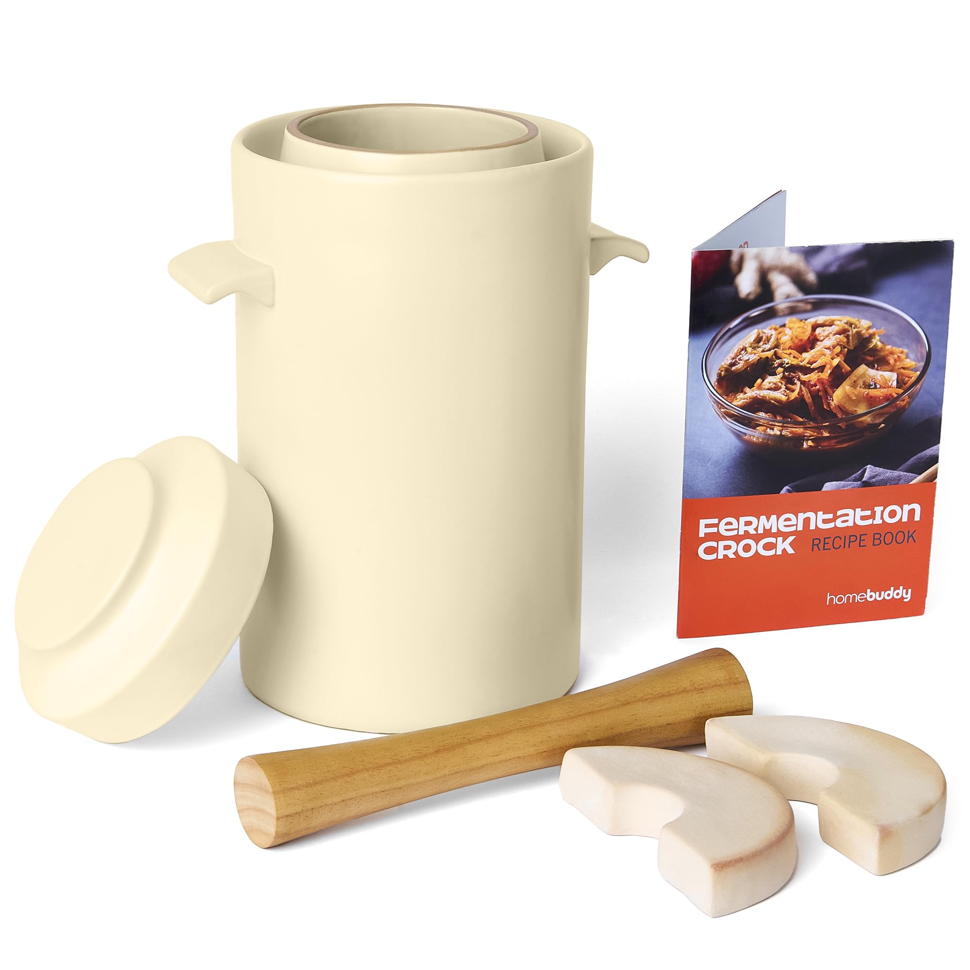 HomeBuddy Ivory Fermentation Crock (1 Gallon) with Weights, Acacia Wood ...