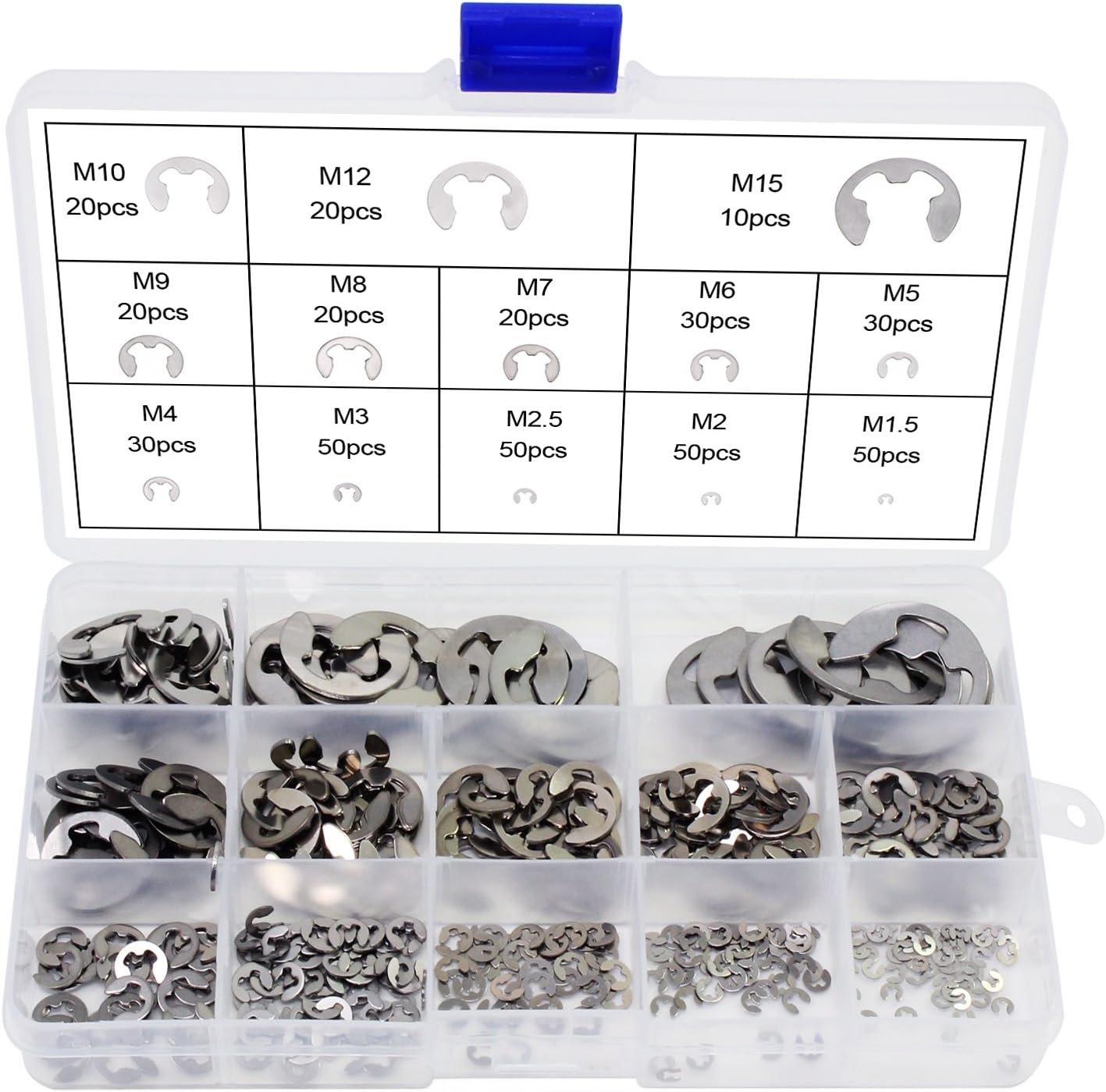 HSEAMALL 400PCS Stainless Steel E-Clip,13 Size 1.5mm-15mm Internal ...