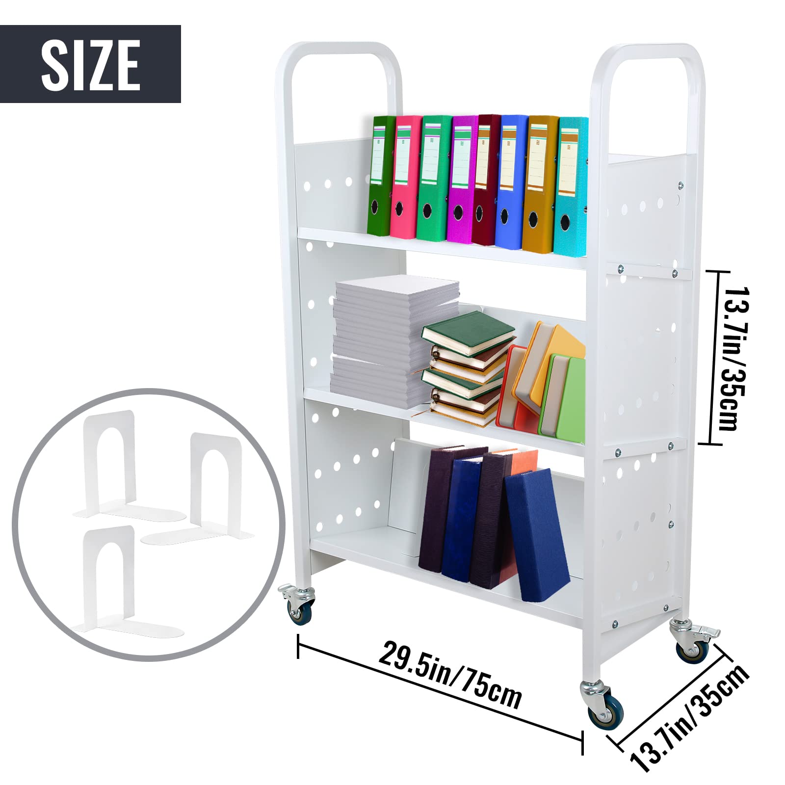 Hasopy Movable Library Book Cart, Rolling Book Cart With 4 Lockable ...