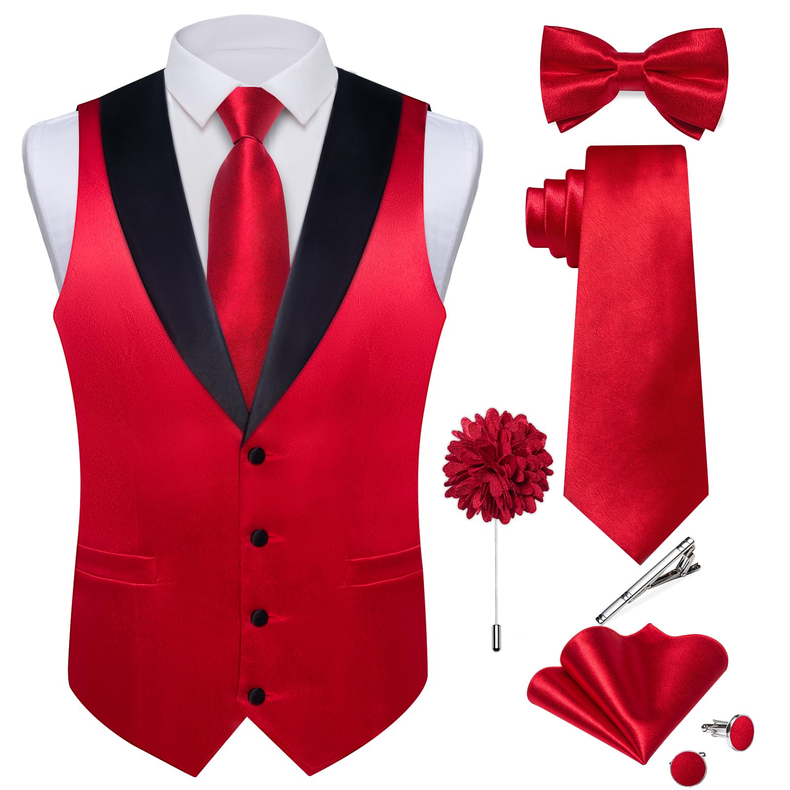 DiBanGu Mens Shiny Satin Vest Tie Set 8PCS Solid Waistcoat and Pre-tied ...