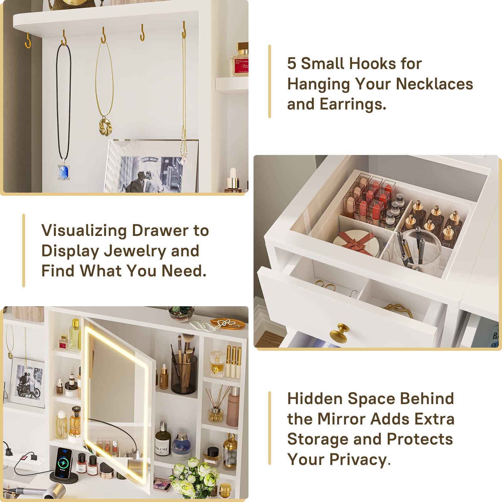 VIAGDO White Vanity With Openable Mirror And Charging Station, Makeup ...