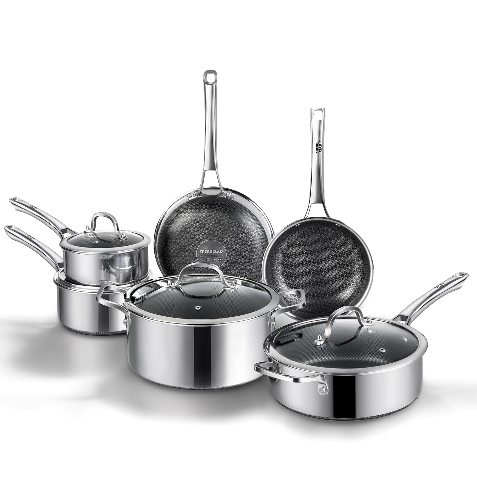 SNOWCLAD Pots and Pans Set Non Stick, 10 Pcs Hybrid Stainless Steel ...
