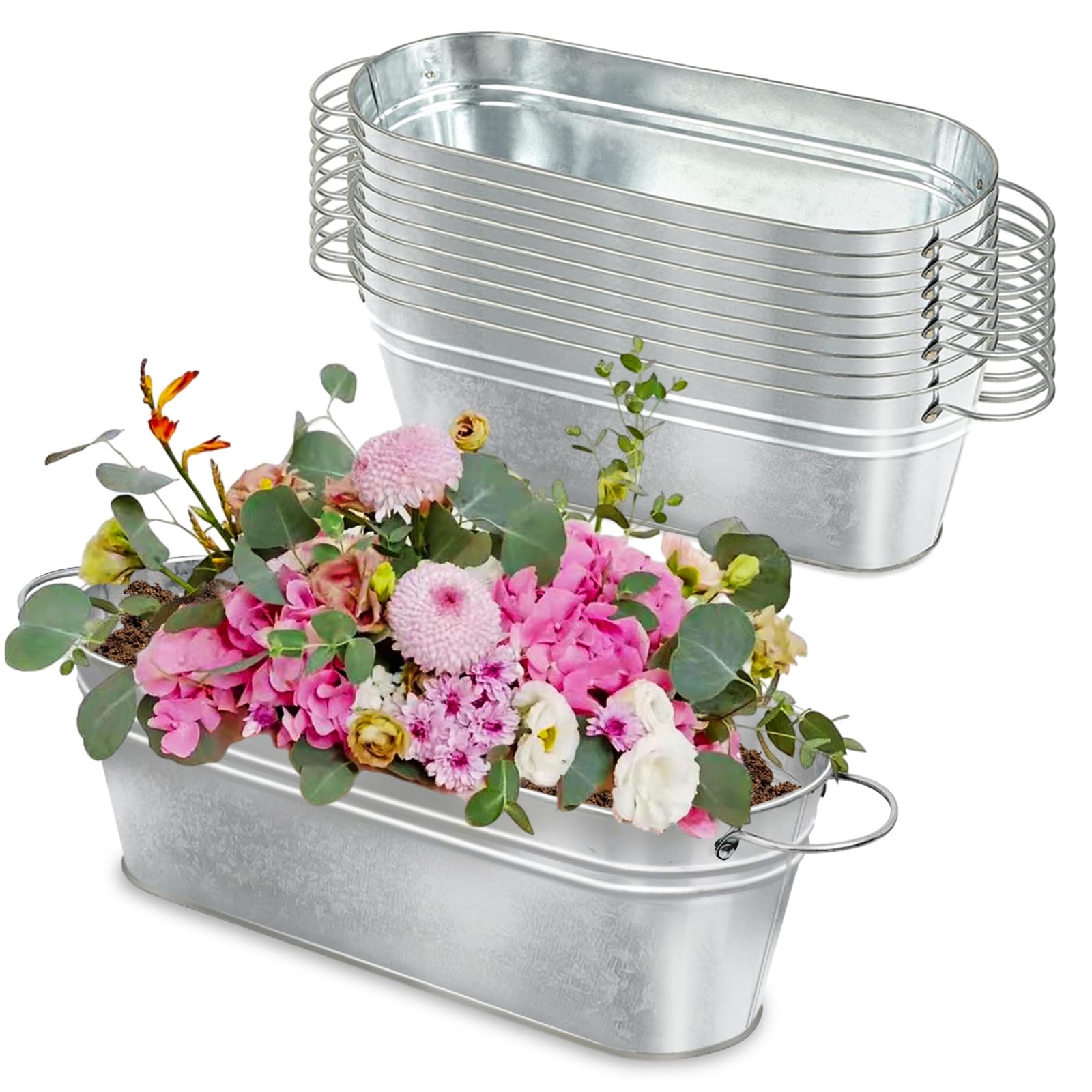 PUNICA 10 Pcs Galvanized Oval Planters, Galvanized Tub with Handle ...