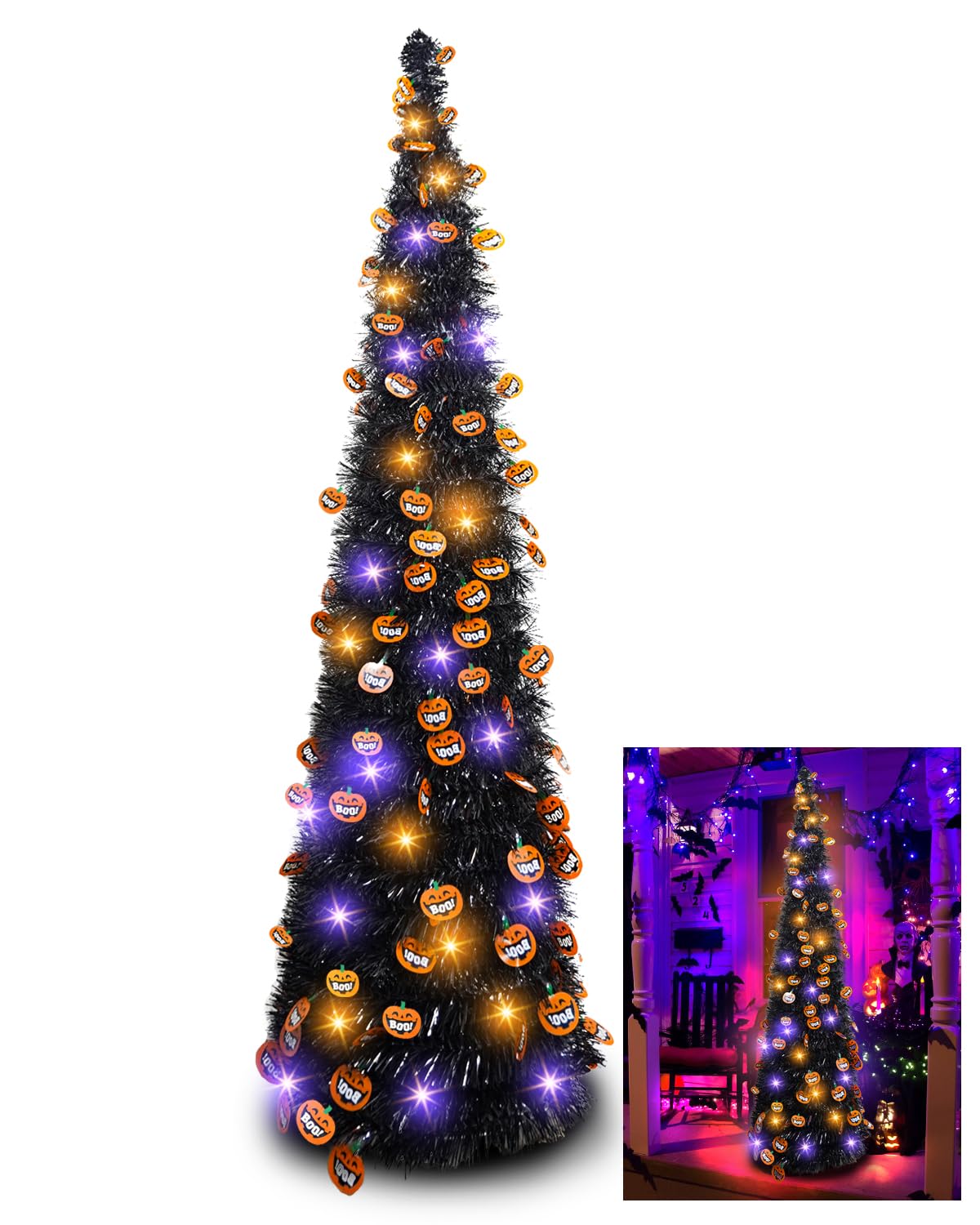 Krissing 5ft Lighted Halloween Tree, Artificial Black Halloween Tinsel ...