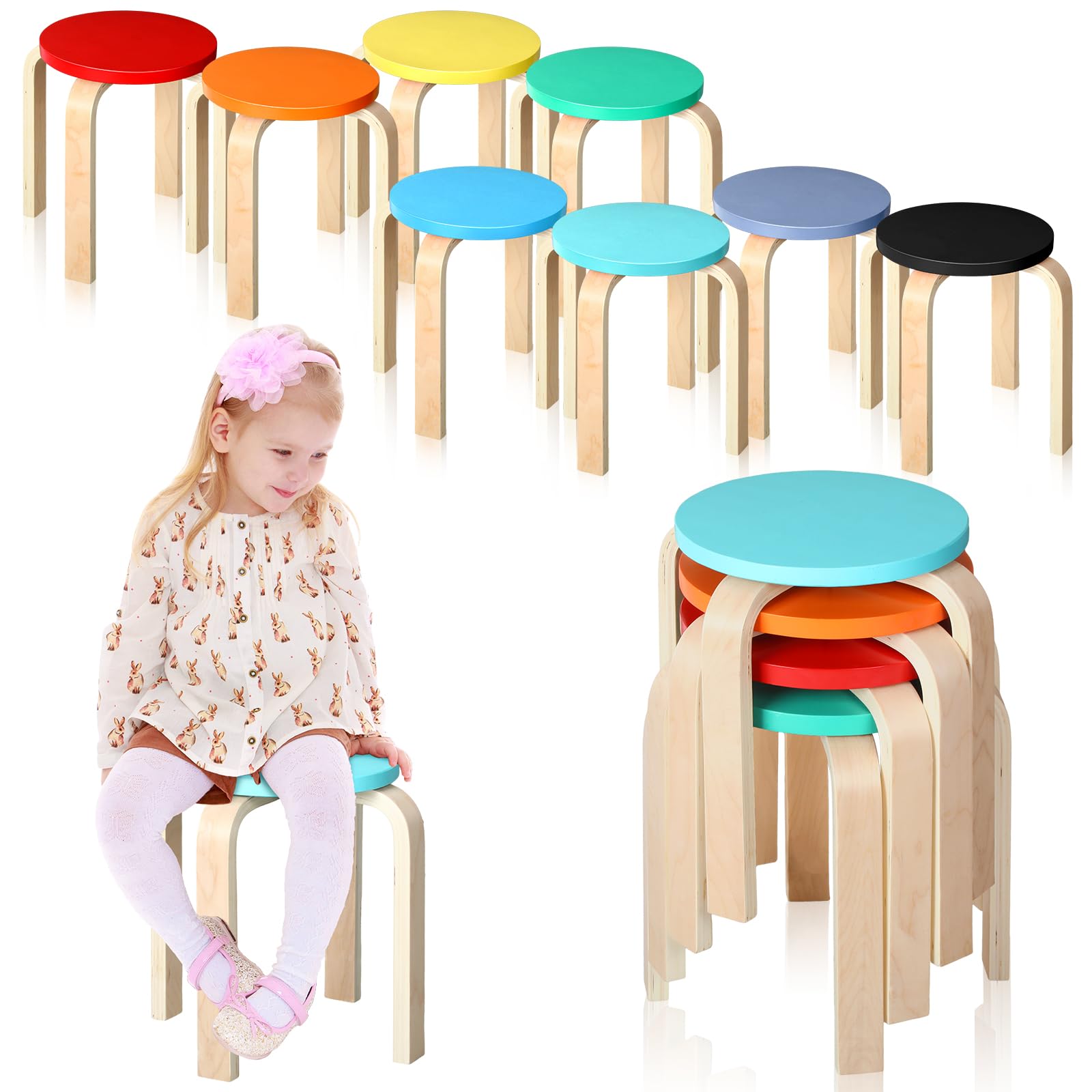 Kigley 12 Inch Bentwood Stacking Stool for Kids Colored Durable Round ...