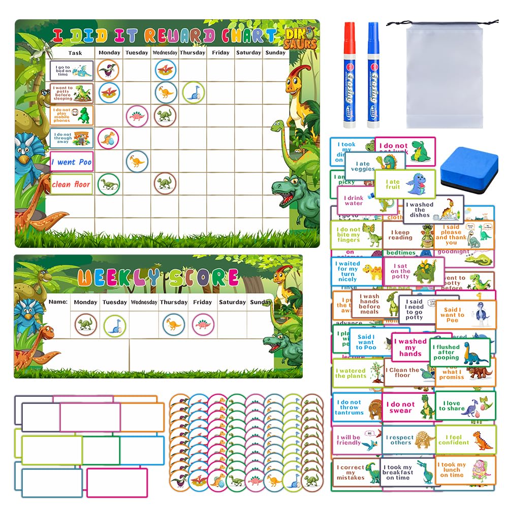 Magnetic Reward Chart for Kids with Dinosaur Theme,with 72 Pre-Made ...