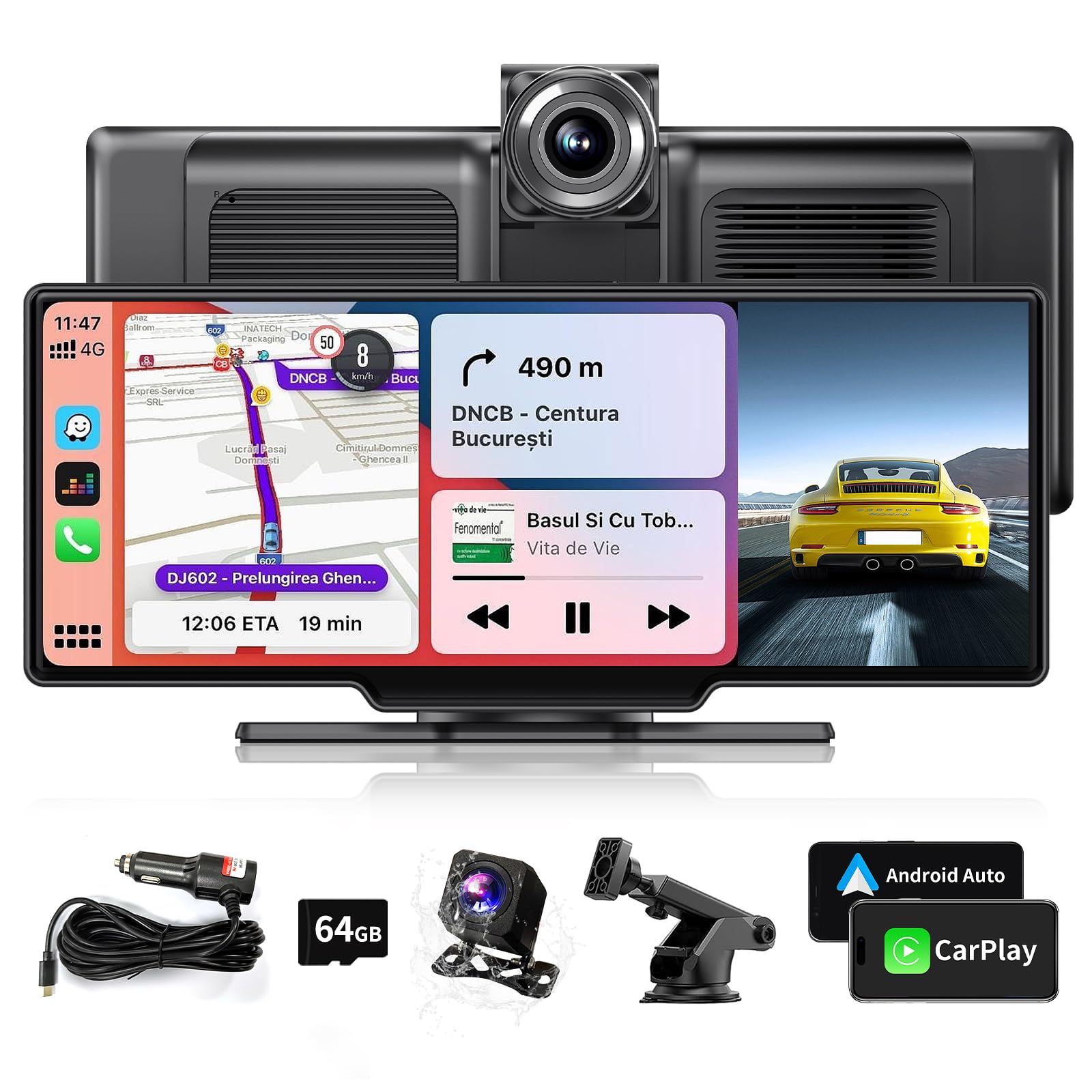 Wireless Carplay Screen with 2.5K Dash Cam-10.26" HD Portable Carplay & Android Auto Screen ...