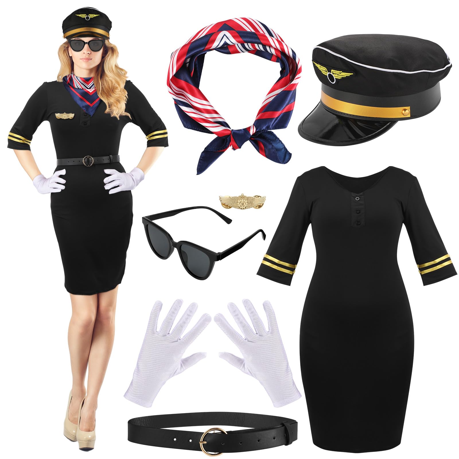 Xtinmee 7 Pcs Halloween Flight Attendant Costume Women's Pilot Captain Cosplay Accessories Pilot ...