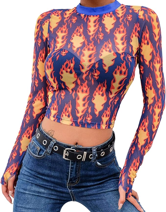 Frauen Y2K Crop Tops Langarm Mesh Sheer Durchsichtige T-Shirts Sommer ...