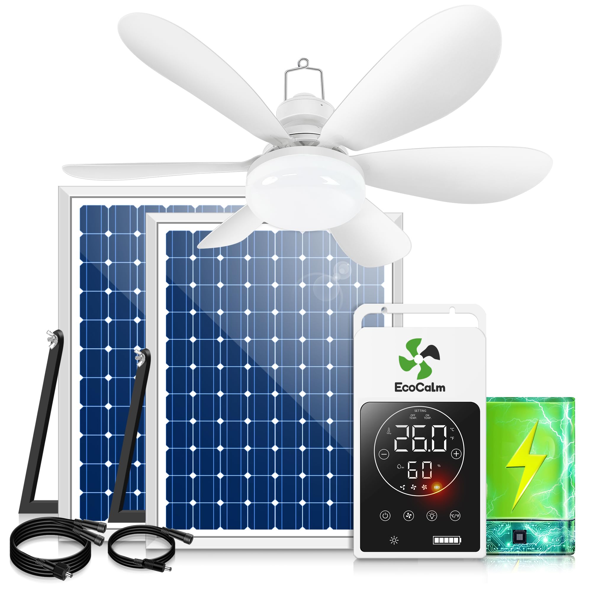 ecoCalm Solar Ceiling Fan Light with Battery, 20" Outdoor Ceiling Fans ...