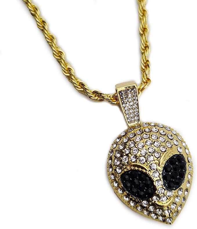 Hip Hop Iced Gold Plated Alien Pendant & 4mm 24" Rope Chain Fashion ...