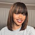Amazon.com : 12 Inch Short Bob Wig with Bangs Human Hair Brown ...