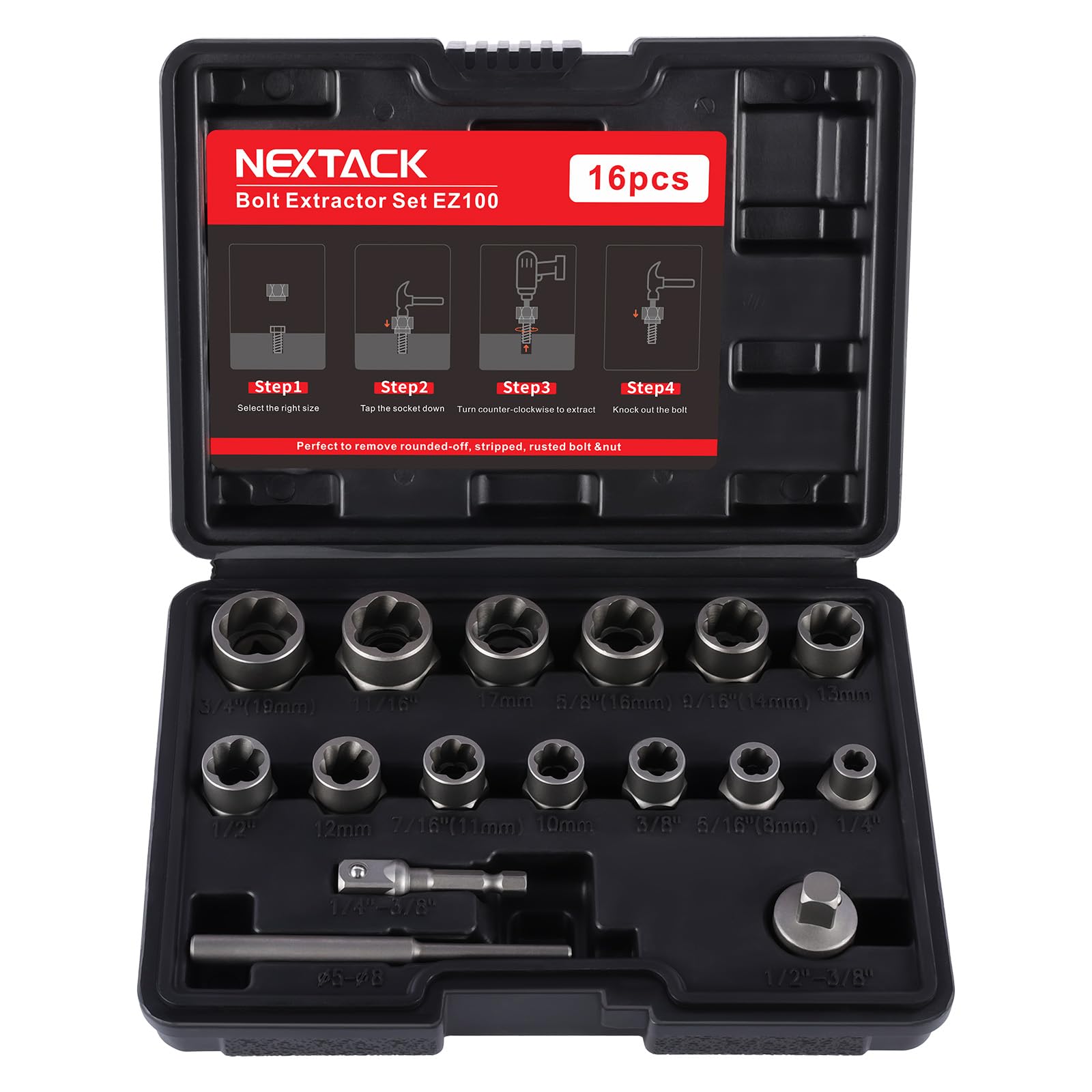 NEXTACK Bolt Extractor Kit, 16-IN-ONE Cr-Mo Stripped Nut & Screw ...