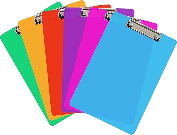 6 Coloured Plastic Clipboards | Strong 12.5 x 9 Inch (A4 Size) Multi ...