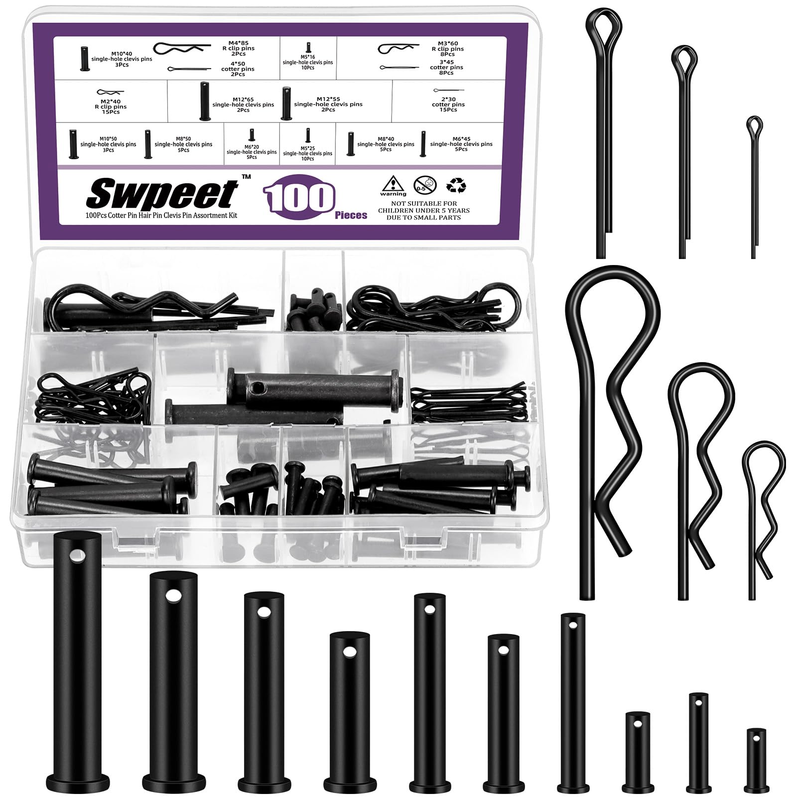 Swpeet 100Pcs 10 Sizes Clevis Pins with Cotter Pin Assortment Kit ...