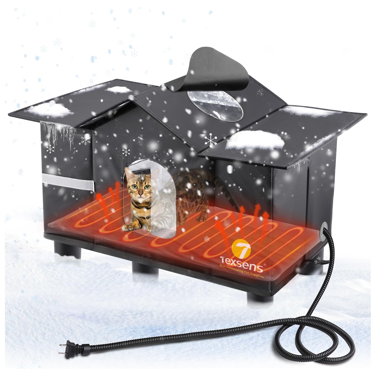 Texsens Heated Cat House for Outside - Weatherproof Large Outdoor Cat ...