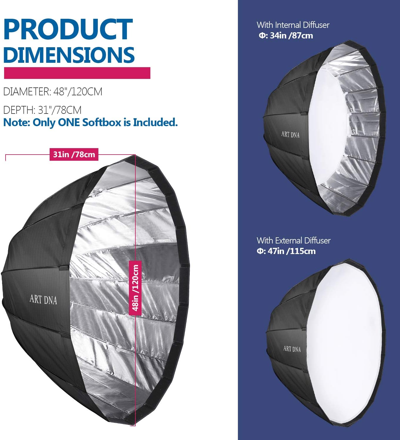 ART DNA Deep Parabolic Softbox, 48 inches/120cm, Quick-Setup, Bowens ...