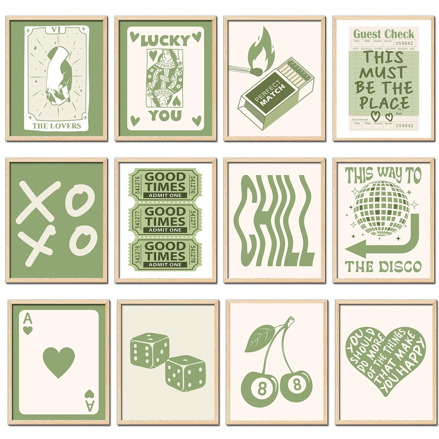 TRAMIN 12 Pcs Green Lucky Poster, Poker Room Decor, Playing Card Wall ...