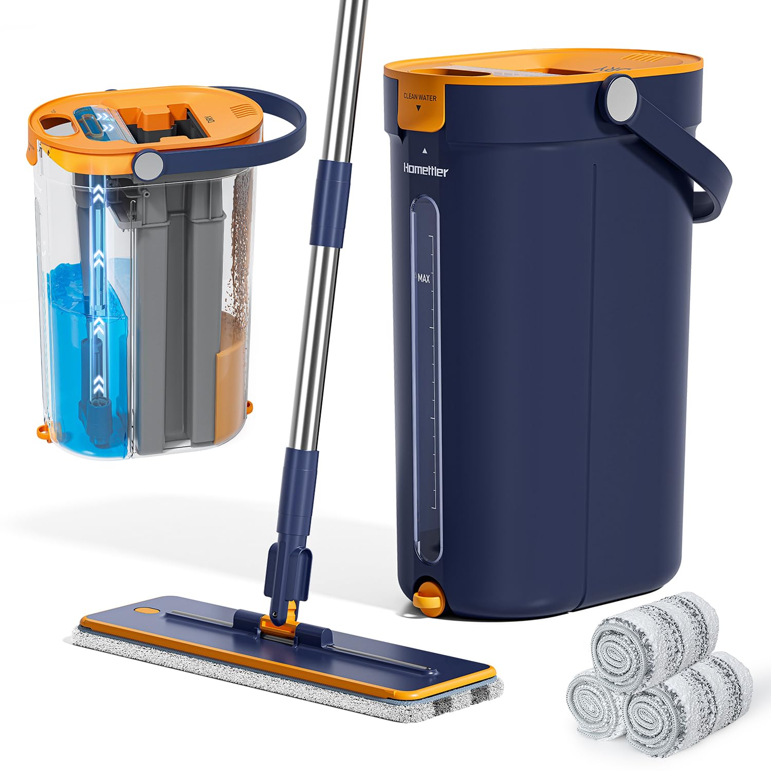 HoMettler Mop and Bucket Set with Wringer, 3-Tank Flat Mop and Bucket System, Wall Mop Cleaner ...