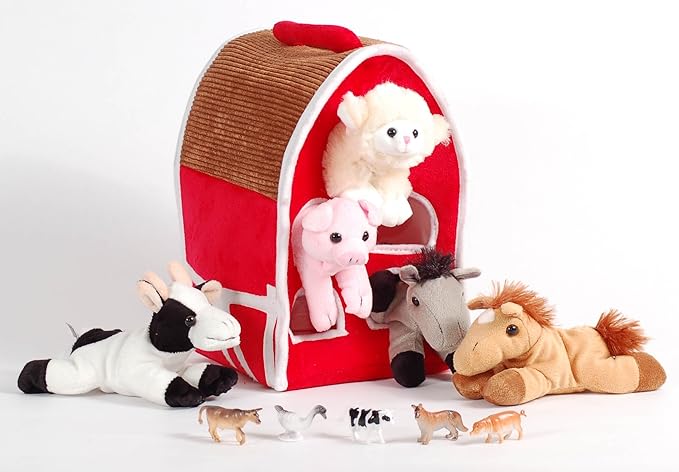 Amazon.com: Unipak 12" Plush Red Barn Playset with 5 Stuffed Farm ...