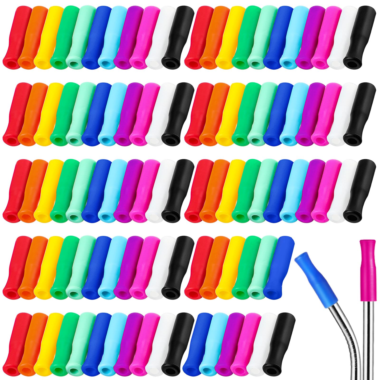 Zhehao 100 Pcs Silicone Straw Tip Multicolored Straw Tip Cover Reusable ...