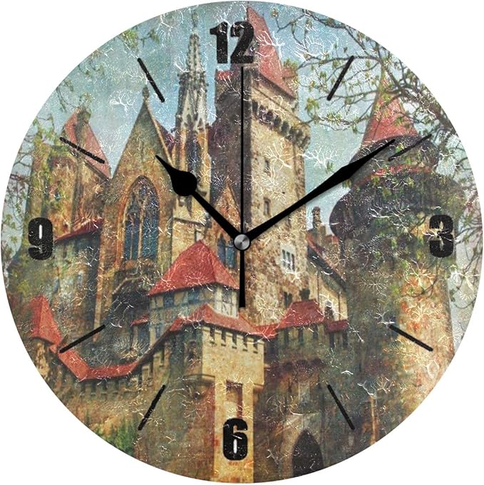 Amazon.com: GREEDCLOUD Beautiful Vintage Castle Round Wall Clock Silent ...
