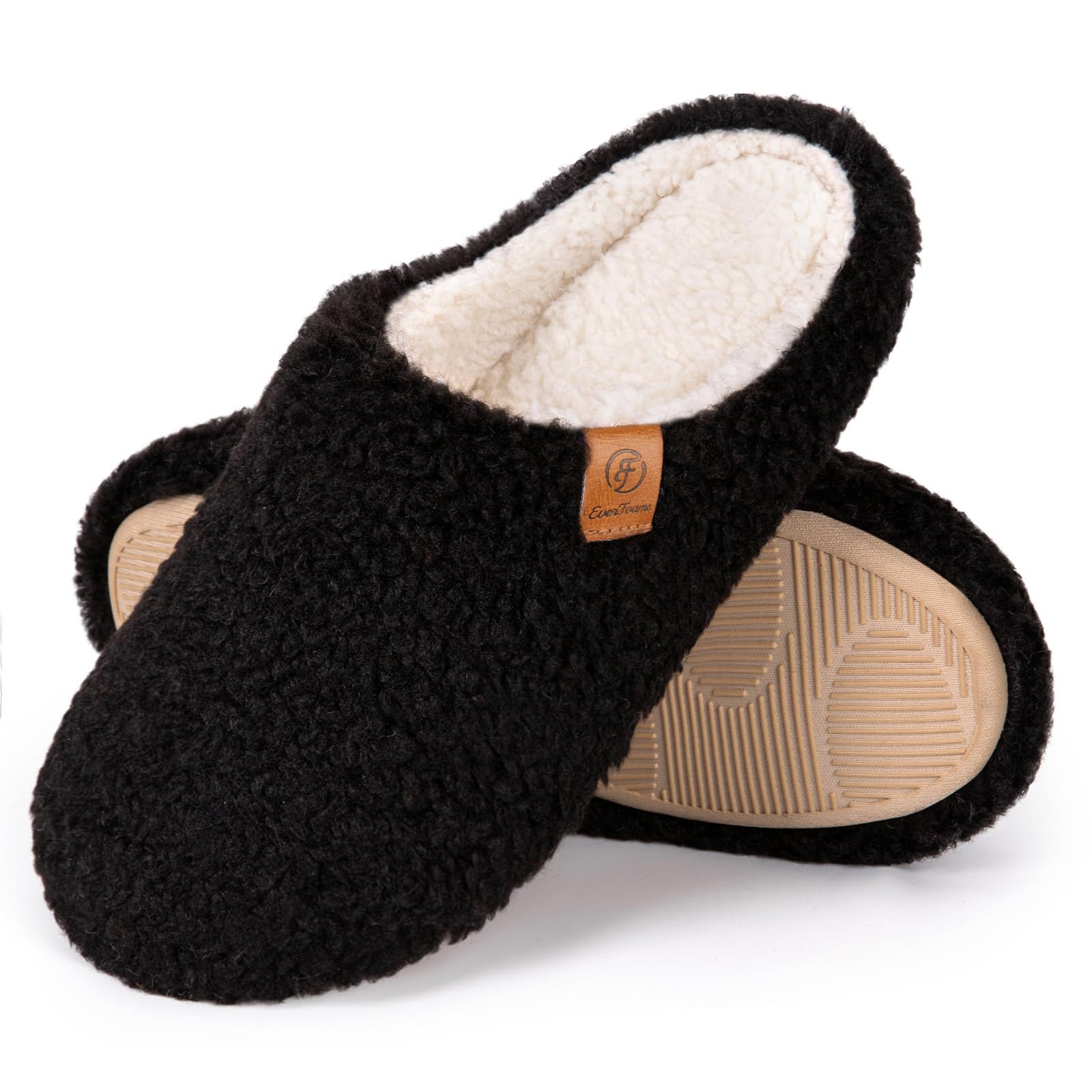 EverFoams Women's Fuzzy Slip-on Slippers Soft Comfy Memory Foam Indoor House Shoes Black,7-8 US ...