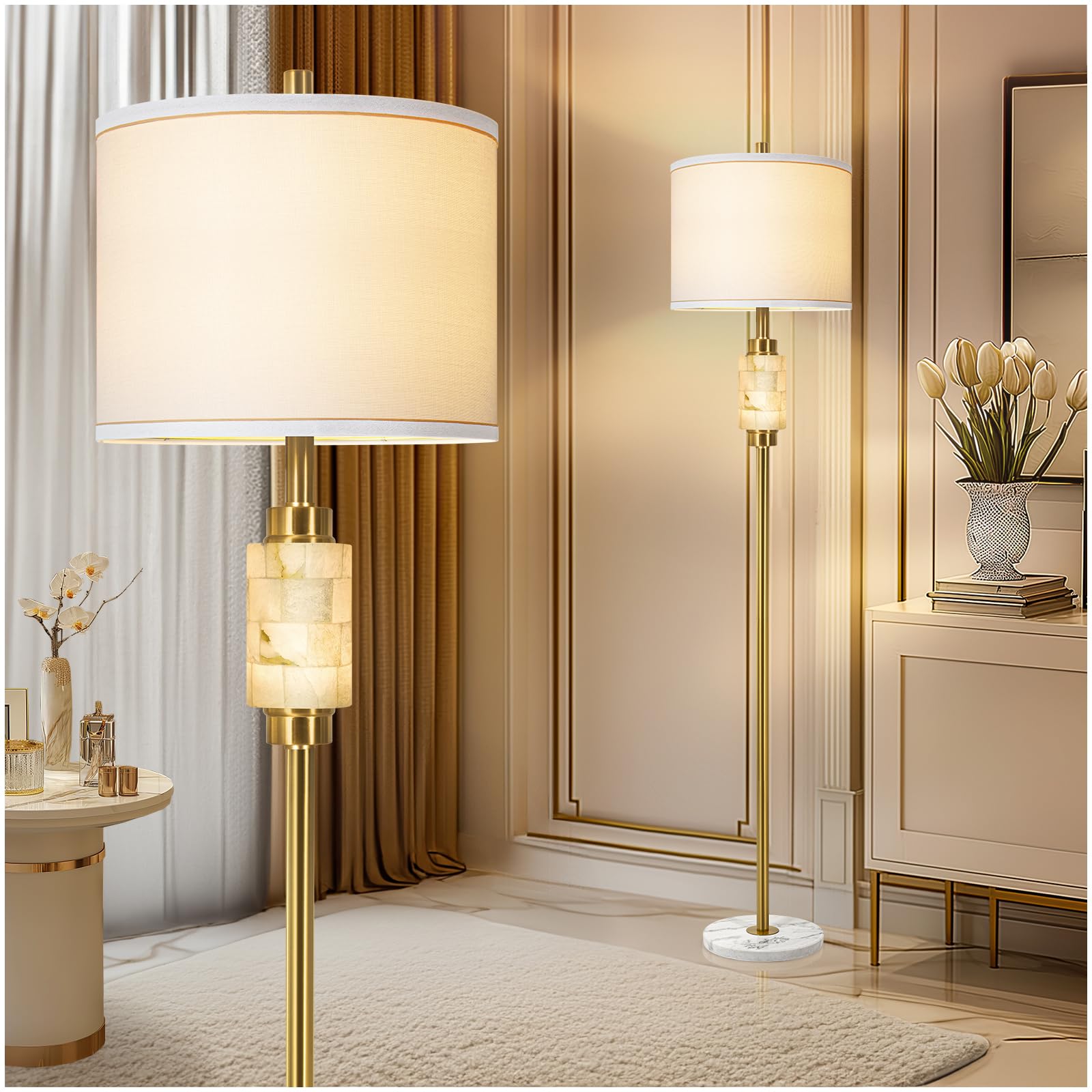 KIVDITZO Natural Alabaster Rustic Floor Lamp with Night Light for ...