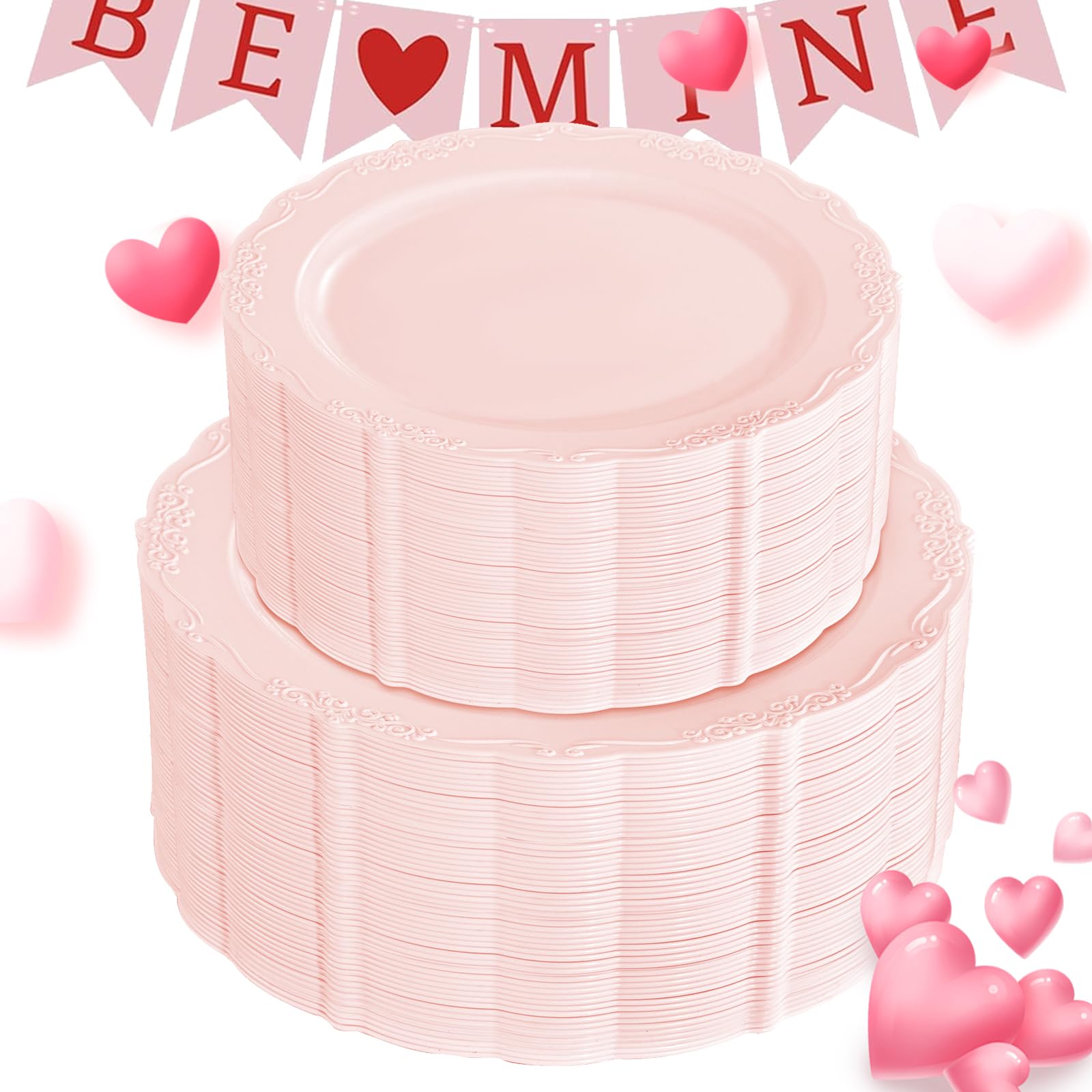 U-QE 100PCS Mauve Pink Plastic Plates - Plastic Party Plates Disposable ...