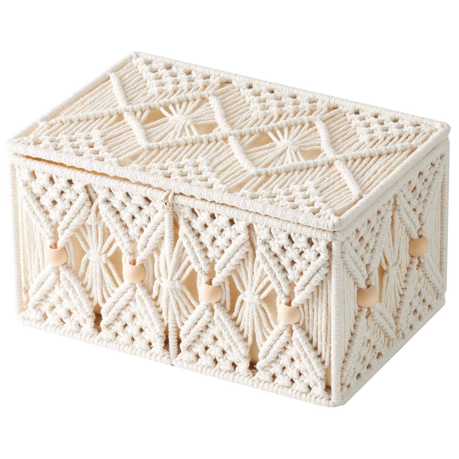 VinneGenzz Boho Macrame Storage Basket with Lid Organza Gift Bags ...