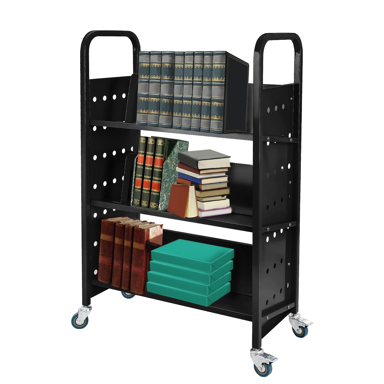 OUKIDR Book Cart, 200LBS 3-Shelf Library Cart, Single Sided V-Shaped ...