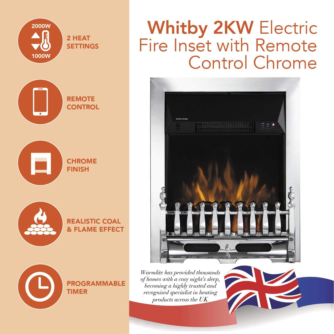 Warmlite WL45048 Whitby 2kW LED Electric Freestanding Fire with Remote ...