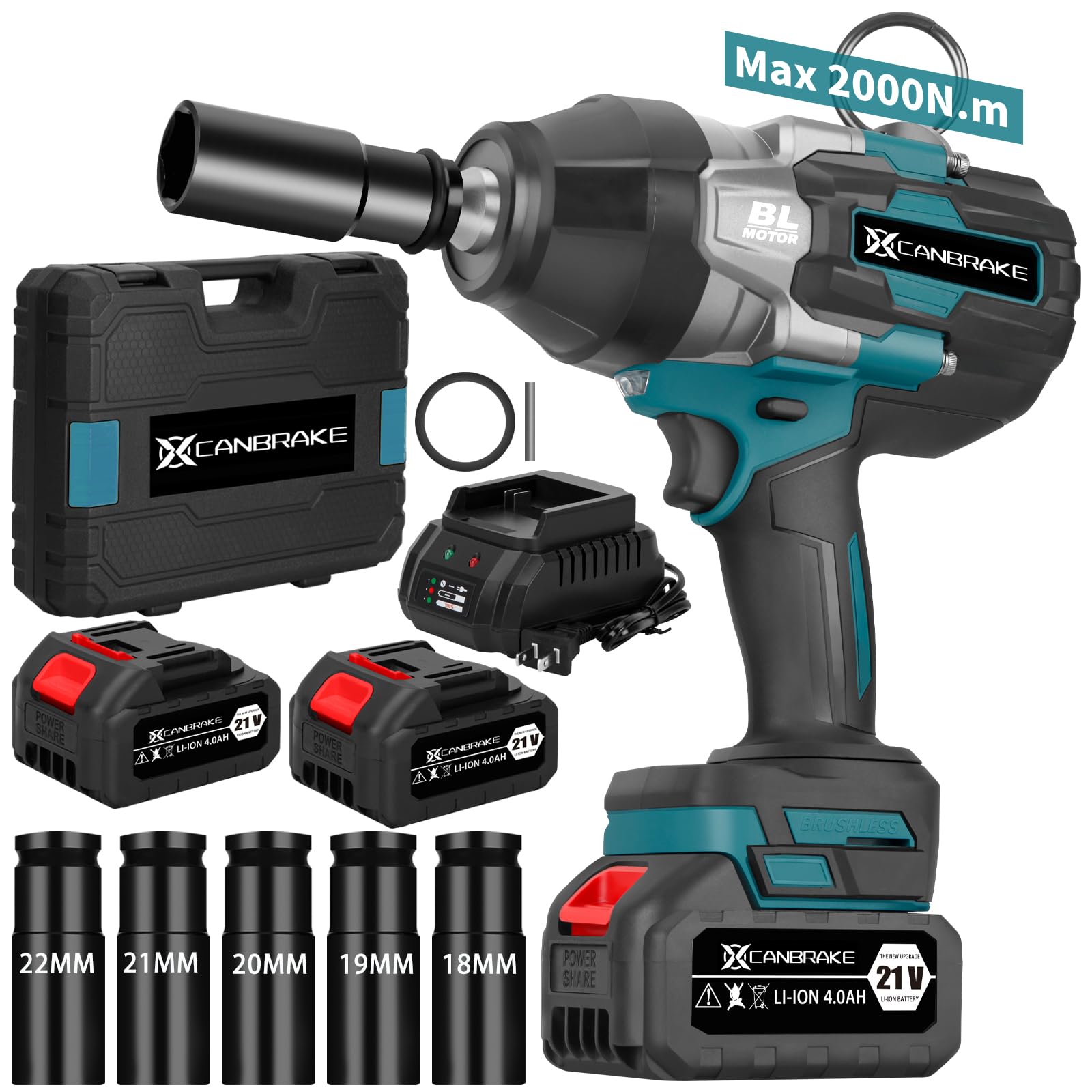 CANBRAKE 2000Nm 1/2" Cordless Impact Wrench, 21V Heavy Duty Impact Gun ...