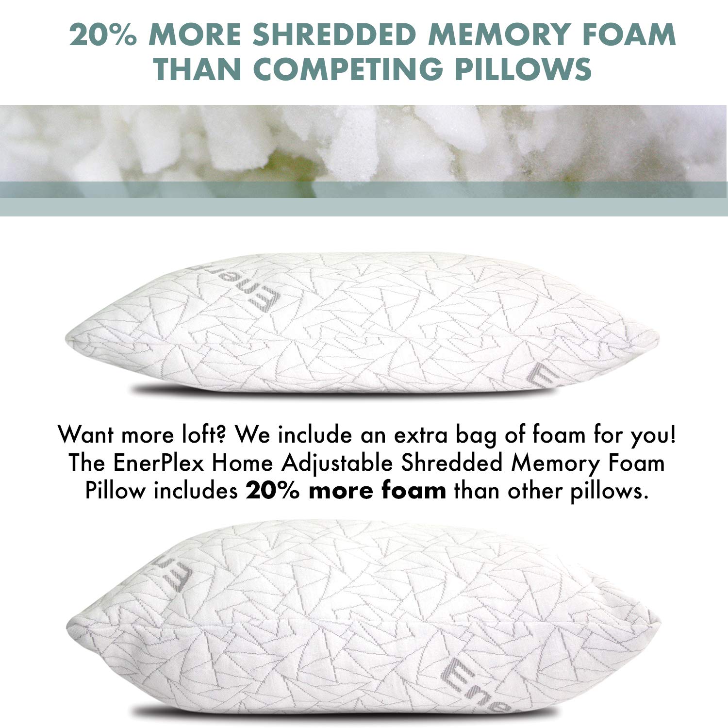 EnerPlex Luxury Queen Size Pillow 2 Pack, Adjustable Shredded Memory ...