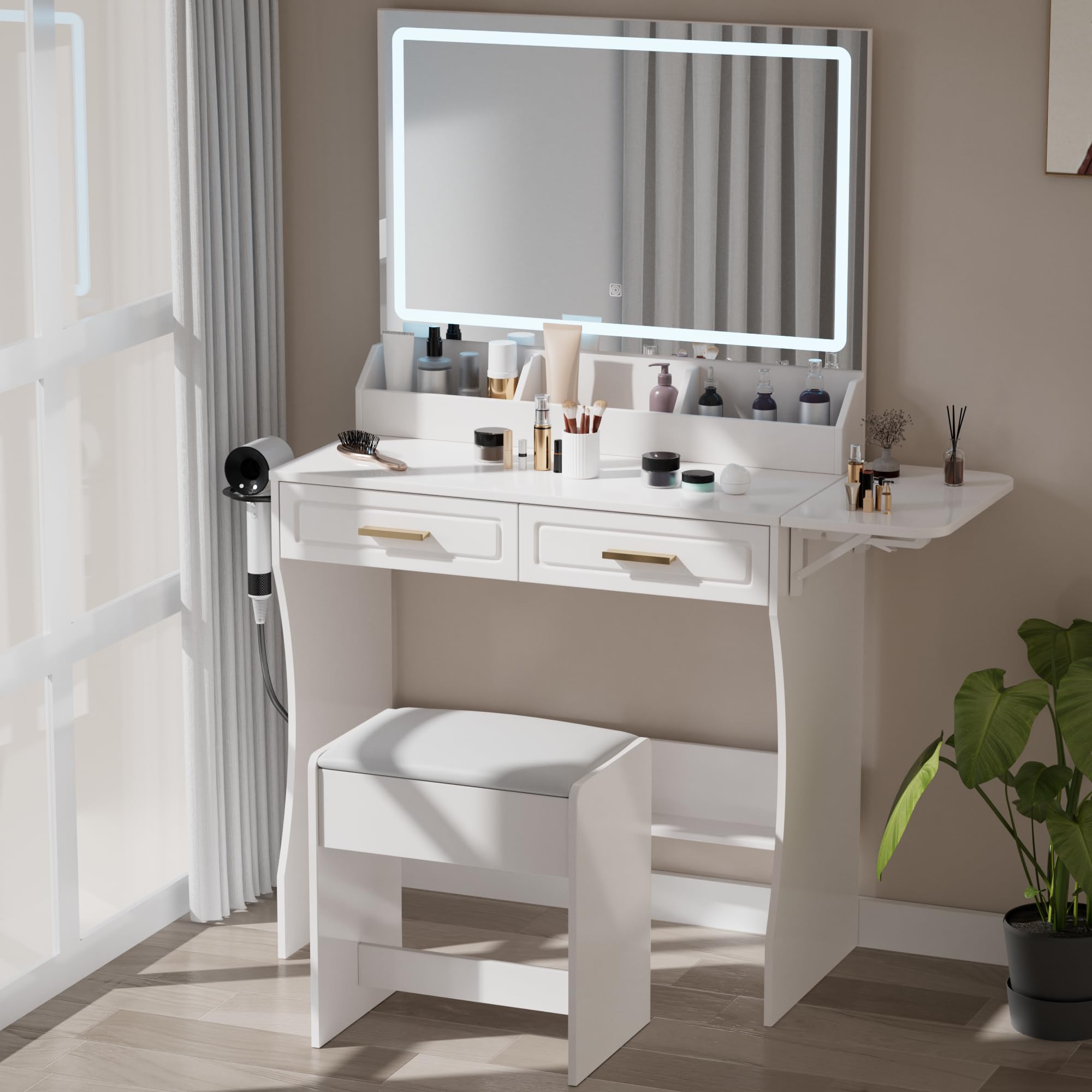 Homesflex Modern White Makeup Vanity Desk with Adjustable Lights ...