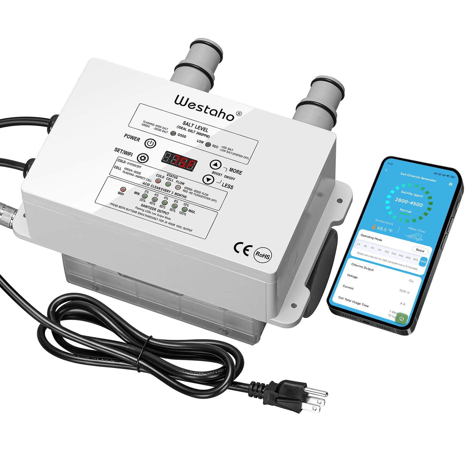 WiFi Salt Chlorine Generator, Westaho Salt Water Pool Chlorinator ...