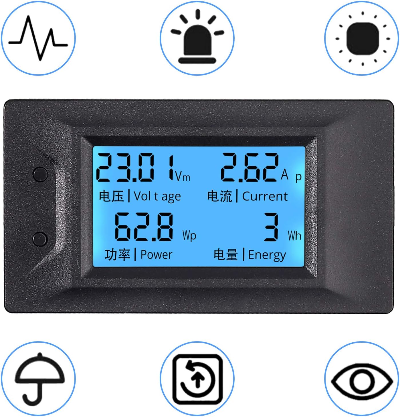 CAMWAY Digital Current Voltage Power Energy Meter 4 in 1 DC 6.5-100V 0-100A LCD Display ...