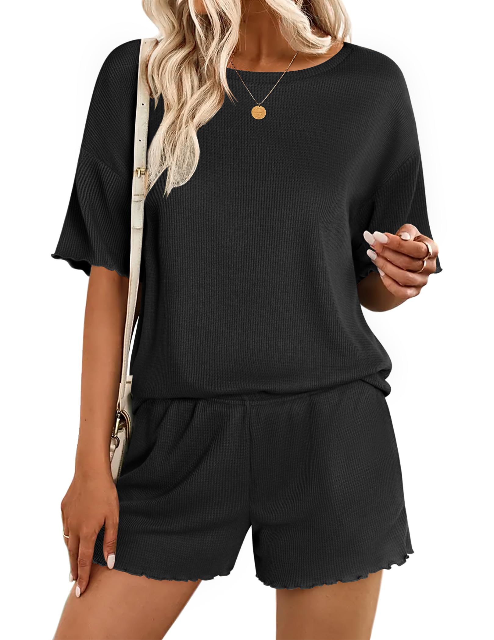 Ekouaer Pajama Set for Women 2 Piece Waffle Knit Lounge Sets with ...