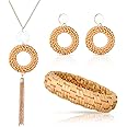 Amazon.com: Yinkin 3 Pcs Rattan Necklace Earrings Bracelet Set Includes Dangle Earring Handmade ...