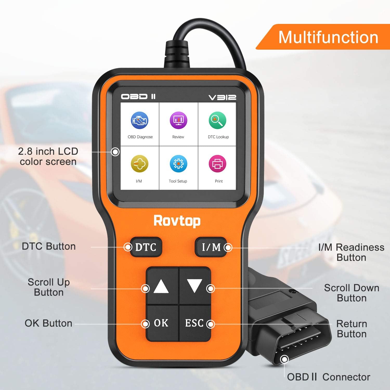 Rovtop 5 in 1 Universal Car Diagnostic Scanner Tool,OBD2 Scanner,Engine ...