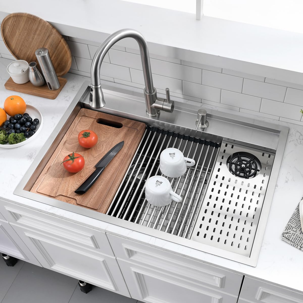 33 Inch Drop In Kitchen Sink Workstation With Glass Rinser -VOKIM 33x22 ...