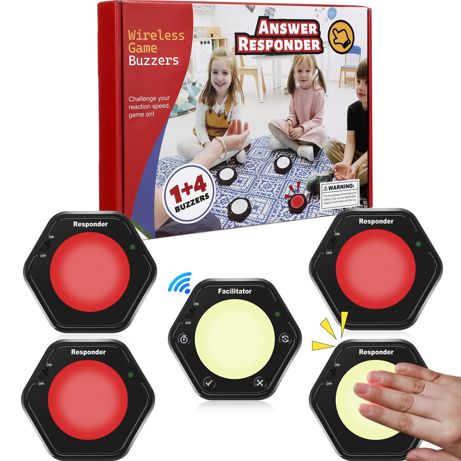 Blueweenly Wireless Buzzer System for Game Show 4 Players LED Light Answer Buzzers for Trivia ...