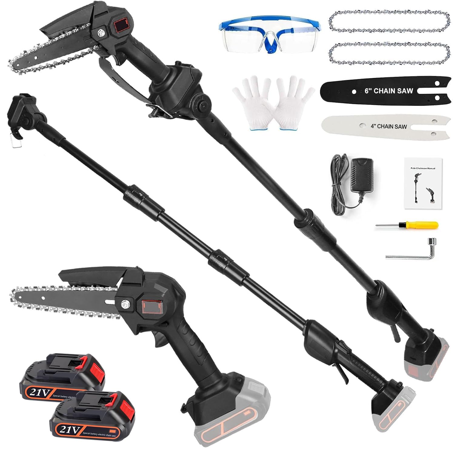 2-in-1 Cordless Pole Saw, Brushless Mini Chainsaw with Pole, 21V ...