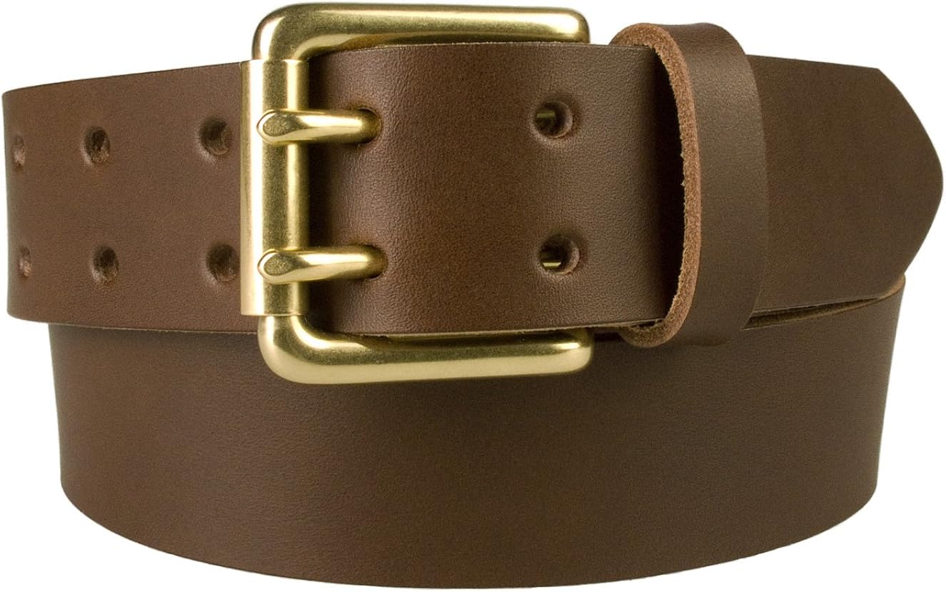 Double Prong Mens Quality Leather Belt - 1.5" Wide - Solid Brass Buckle ...