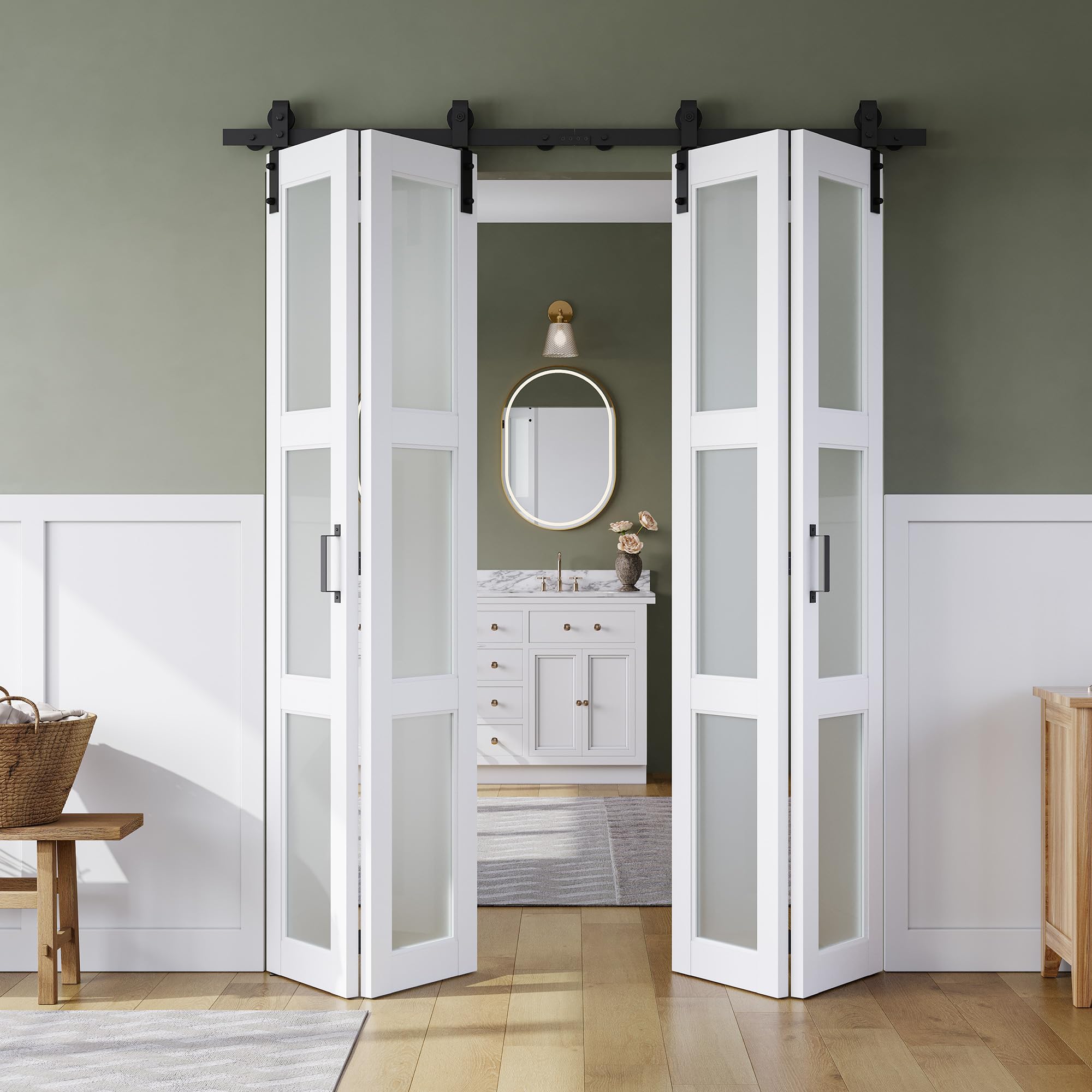 SMARTSTANDARD 64in x 84in Bifold Barn Door, Frosted Glass Barn Door ...