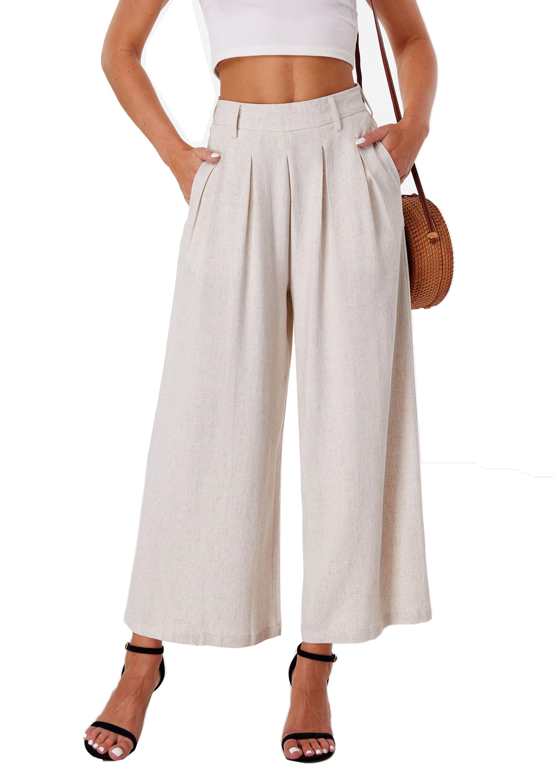 heipeiwa Women' s Culottes Linen Pants Summer Vacation Beach Capris ...