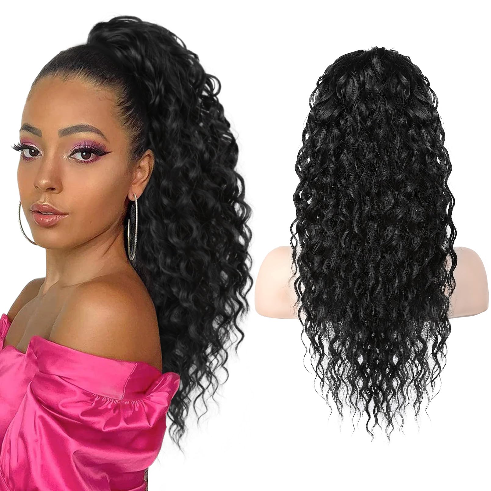 SEIKEA Black Ponytail Extension, PT005 Isabella 22" Long Bohemian Curly ...